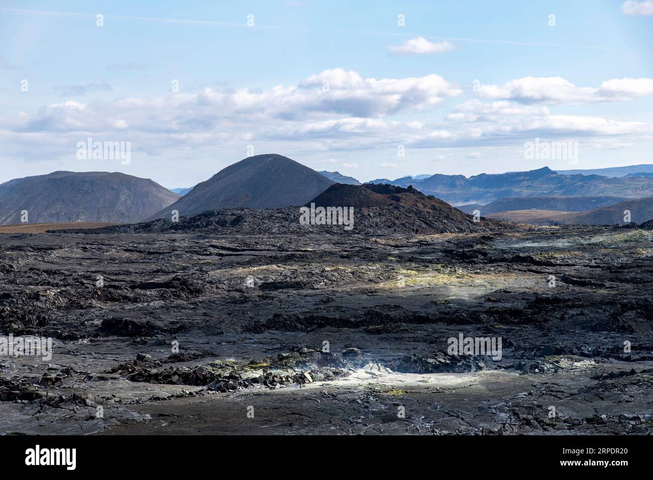 Panoramic view over lavafield near mountain Fagradalsfjall with fissure ...