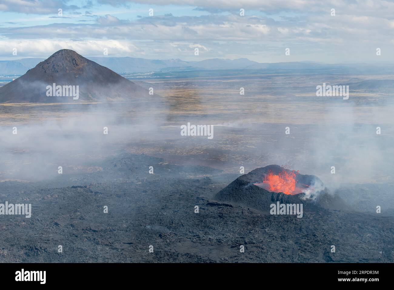 High level panoramic view from mountain Litli-Hrutur, Iceland, the ...