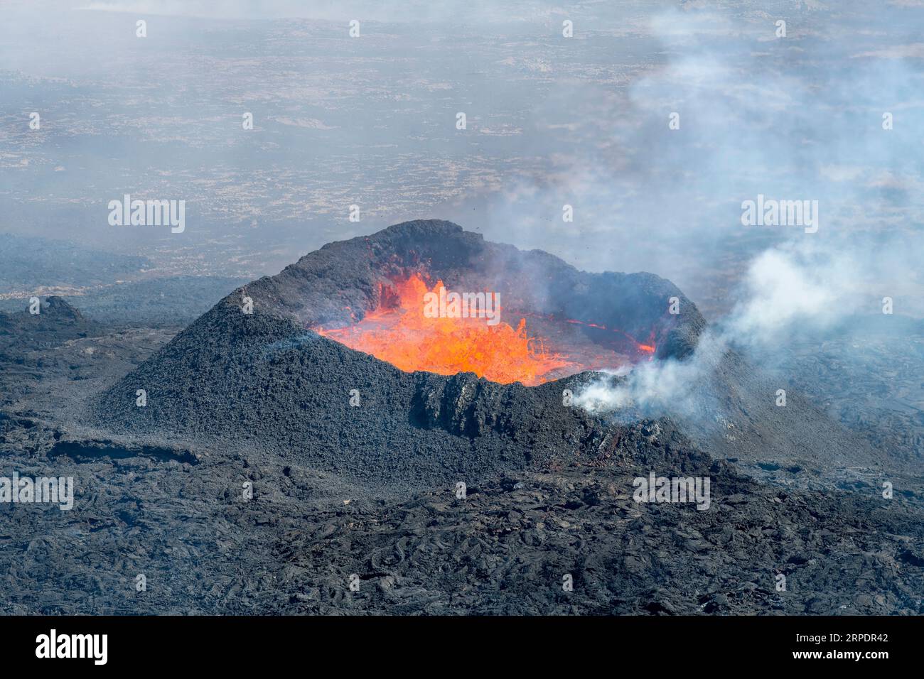 Close up view of spatter cone with lava of fissure near Litli-Hrútur ...