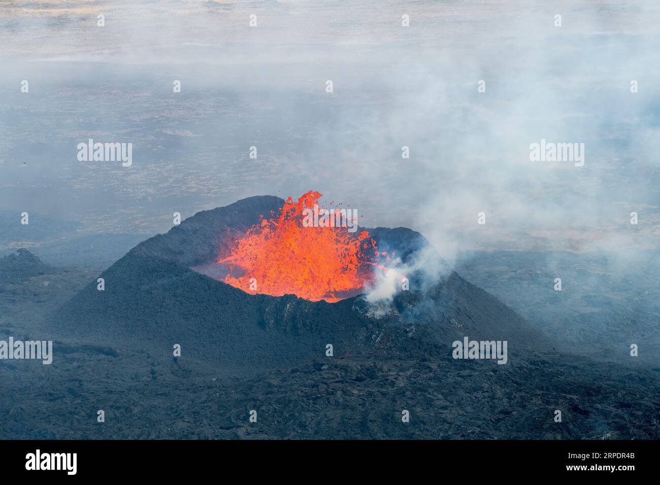 Close up view of spatter cone with lava of fissure near Litli-Hrútur ...