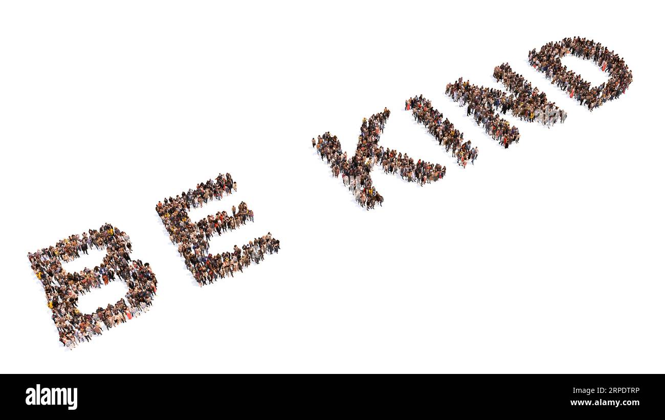 Conceptual large community of people forming BE KIND slogan. 3d ...
