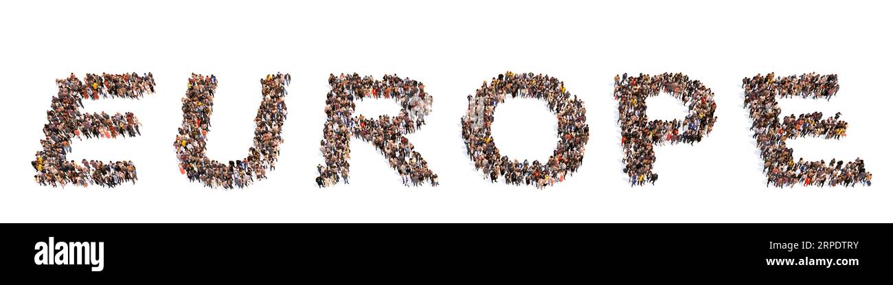 Concept or conceptual large community of people forming EUROPE word. 3d ...