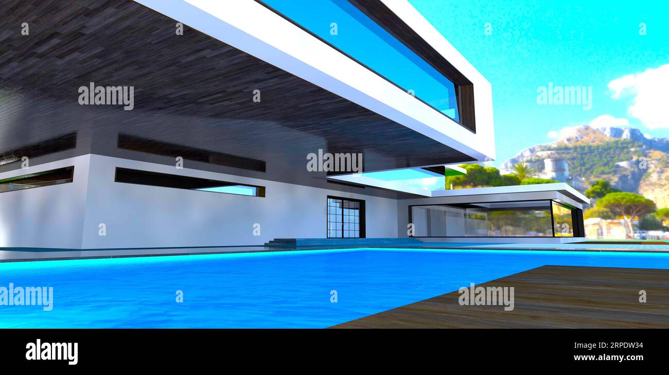 Glowing pool surface under the console balcony with reflective ...