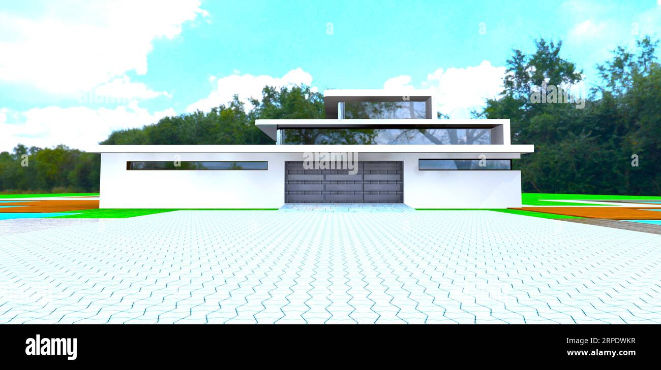 Heavy metal garage gate of the eco-friendly white facade cottage with ...