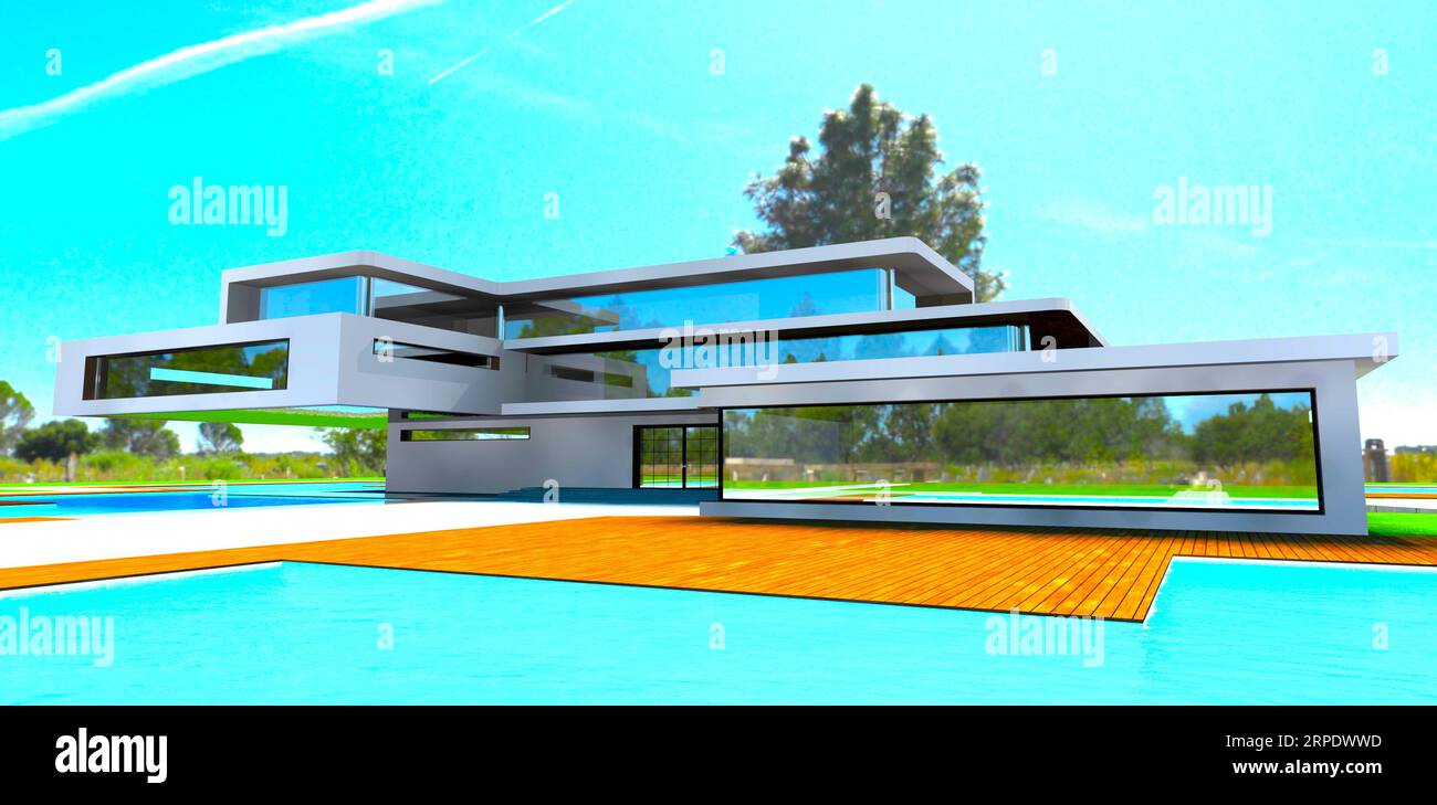 Model of the stylish suburban property with wide swimming pools on the ...