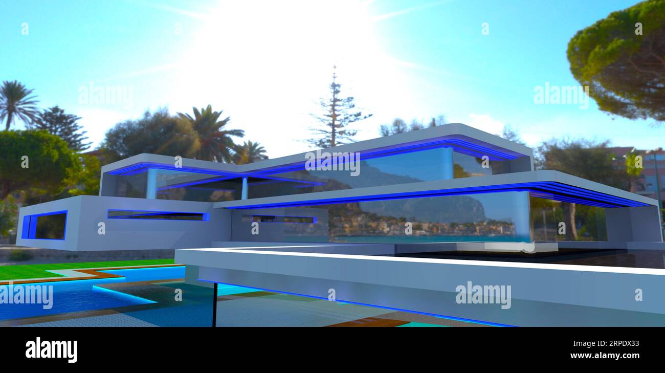 Newly built suburban villa with spacious terrace. Large mirror ...