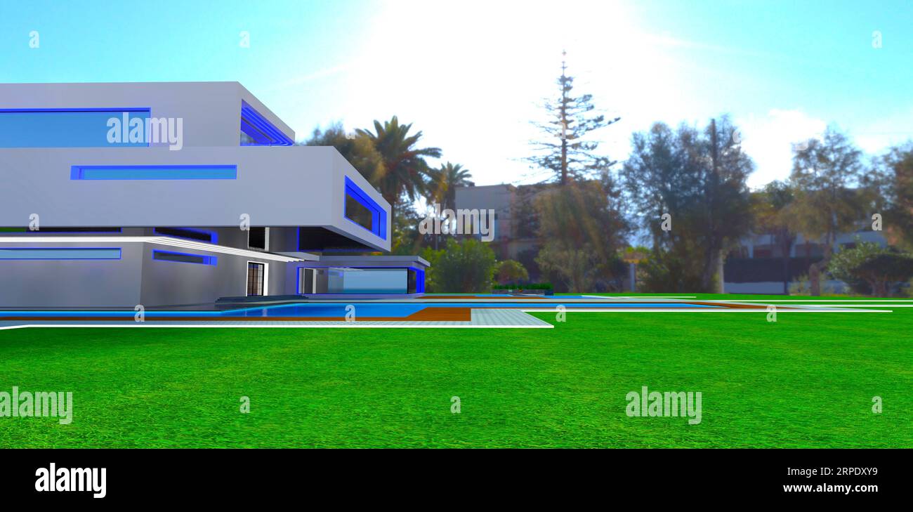 Side view of the newly constructed mansion with white plaster facade ...