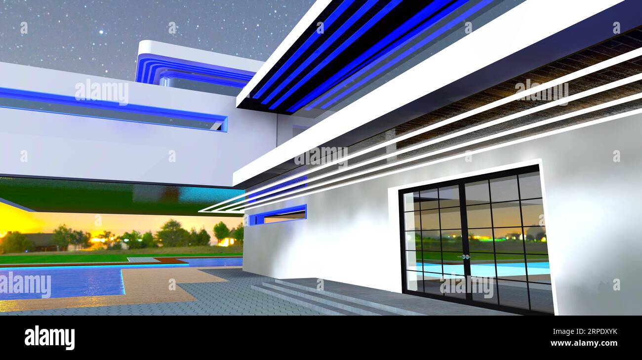 Swing glass entry door to a contemporary private mansion. LED ...