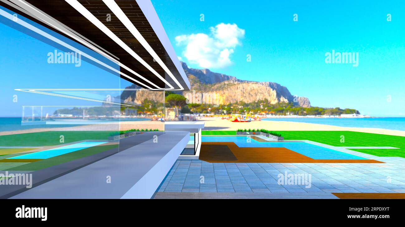 The beautiful island reflected in the glass exterior of the luxury ...