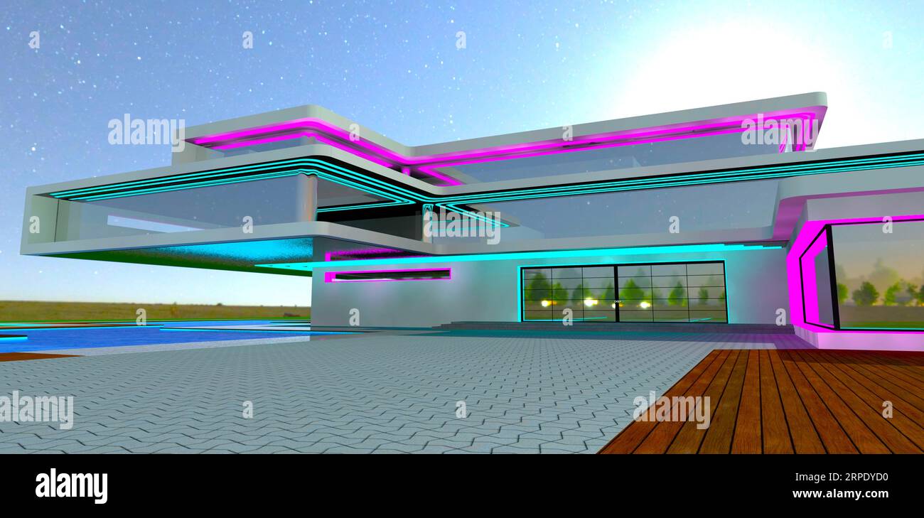 Trend design of the suburban elite property. Bright illumination of the ...