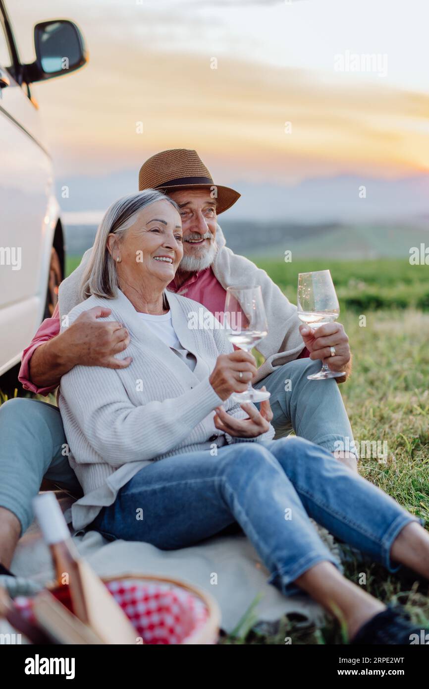Elderly spouses at roadtrip enjoying serene landscape of High Tatras ...