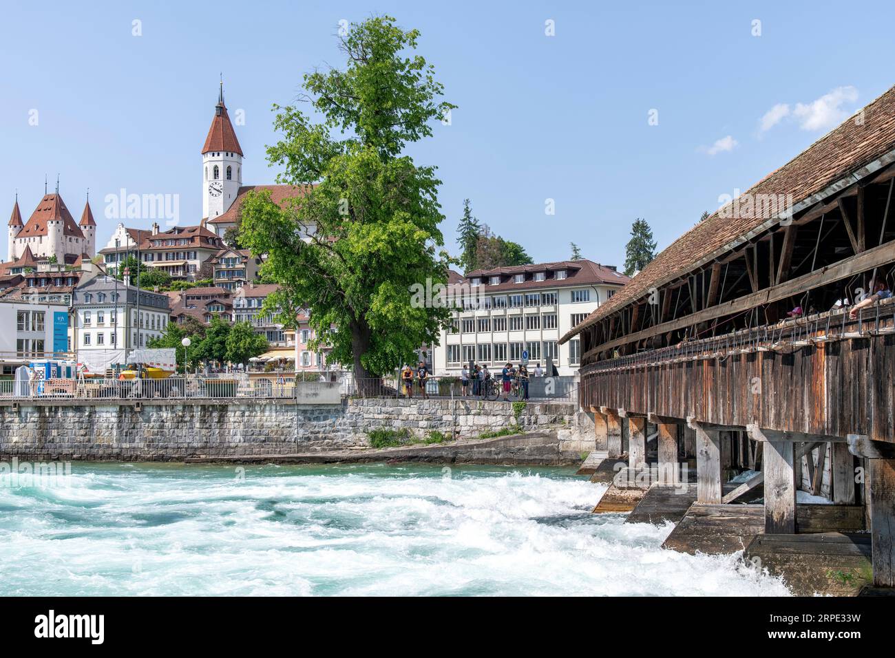 Thun, Switzerland-May 28, 2023; Close up side view of the wooden bridge ...