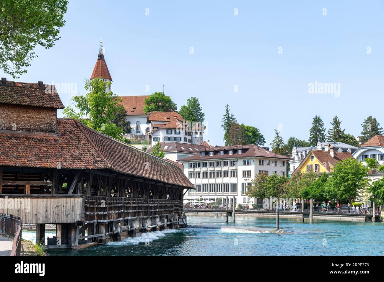 Thun, Switzerland-May 28, 2023; Close up side view of the wooden bridge ...