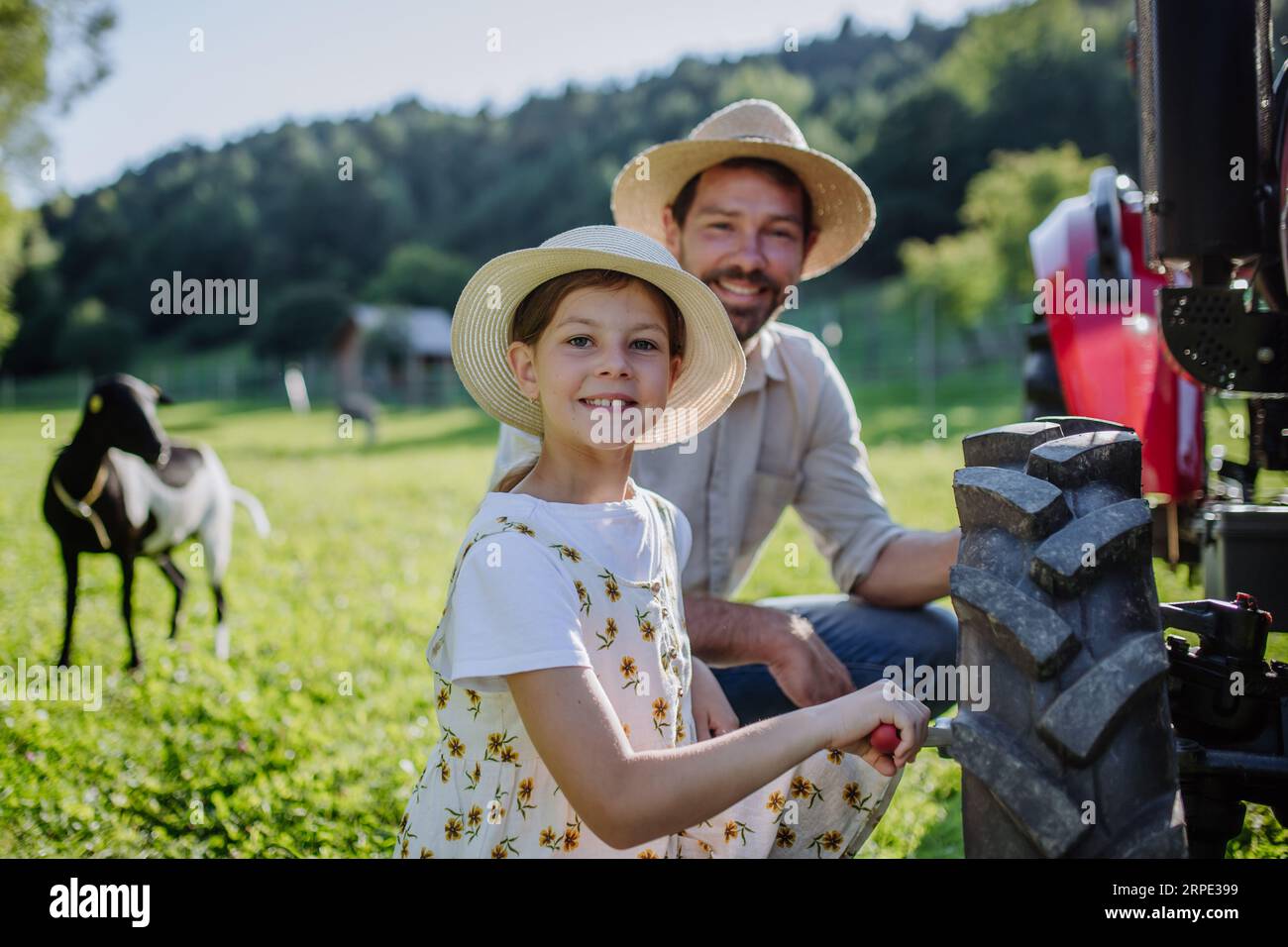 Farmer father teaching daughter how to fix a wheel on a tractor Stock ...