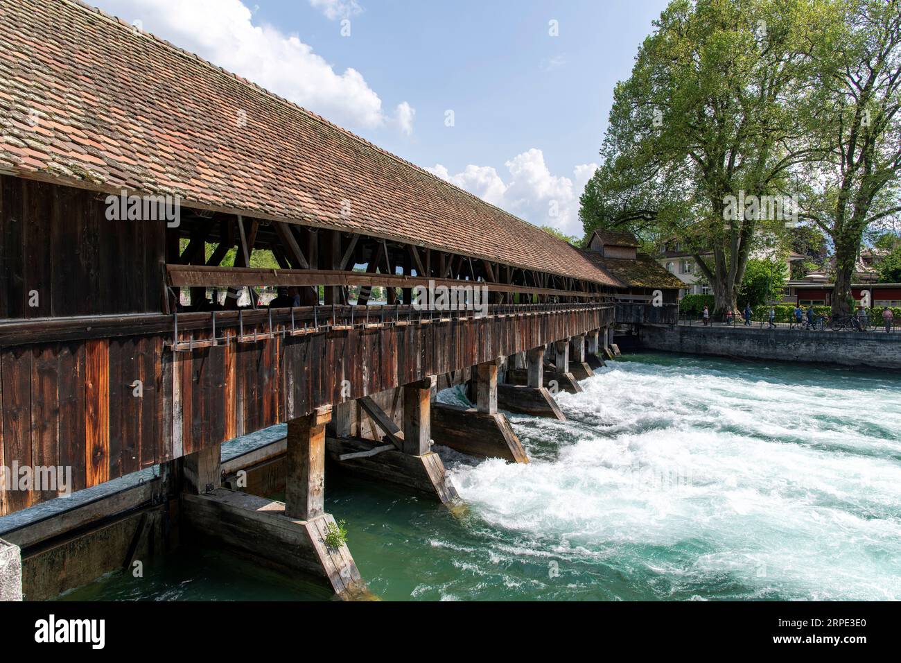 Thun, Switzerland-May 28, 2023; Close up side view of the wooden bridge ...
