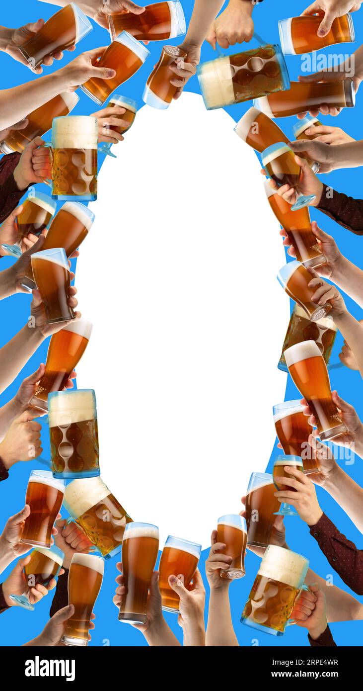 Banner. Contemporary art collage. Beer party. Frame mde of hands with ...