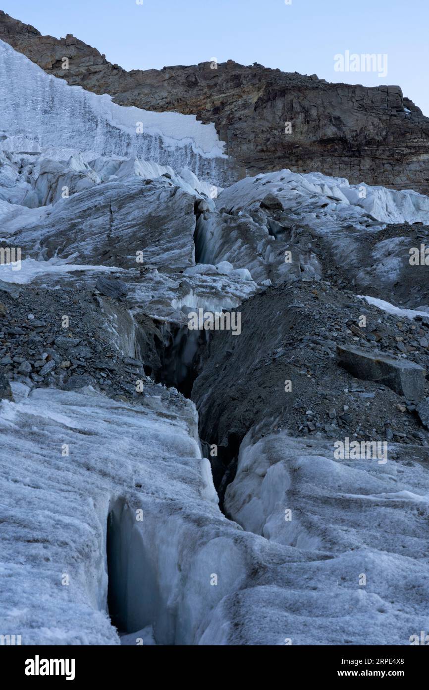 Glacier in the alpine mountains, crevasses and ice details. Gran ...