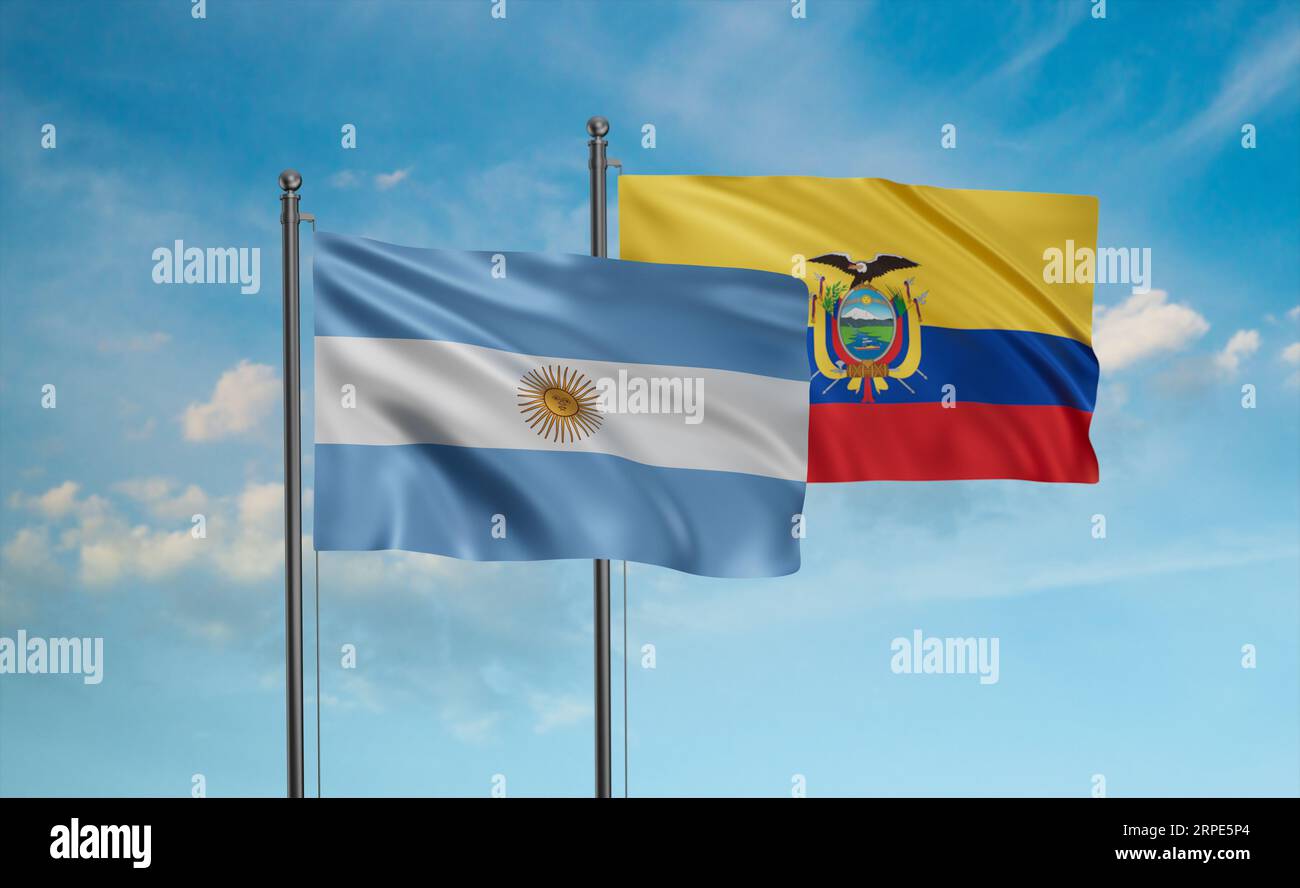 Ecuador flag and Argentina flag waving together on blue sky, two ...