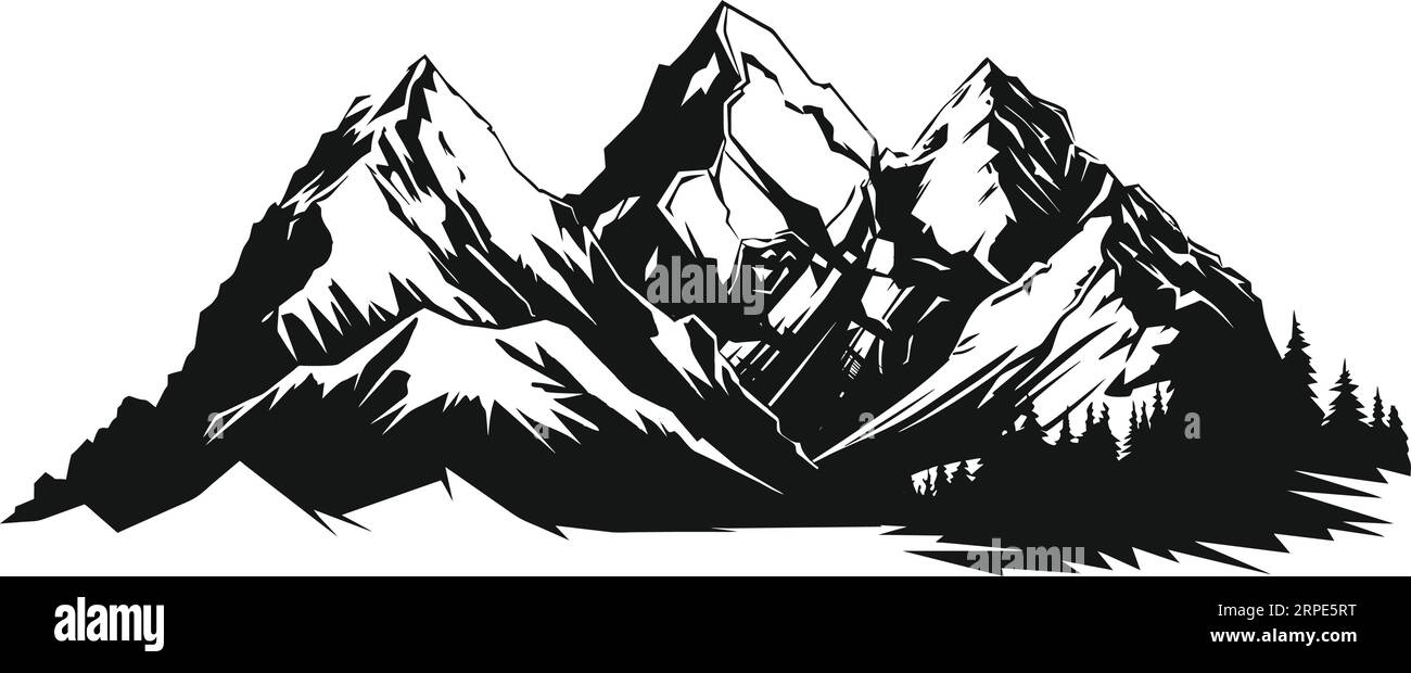 Hand drawn vector nature illustration with mountains and forest on ...