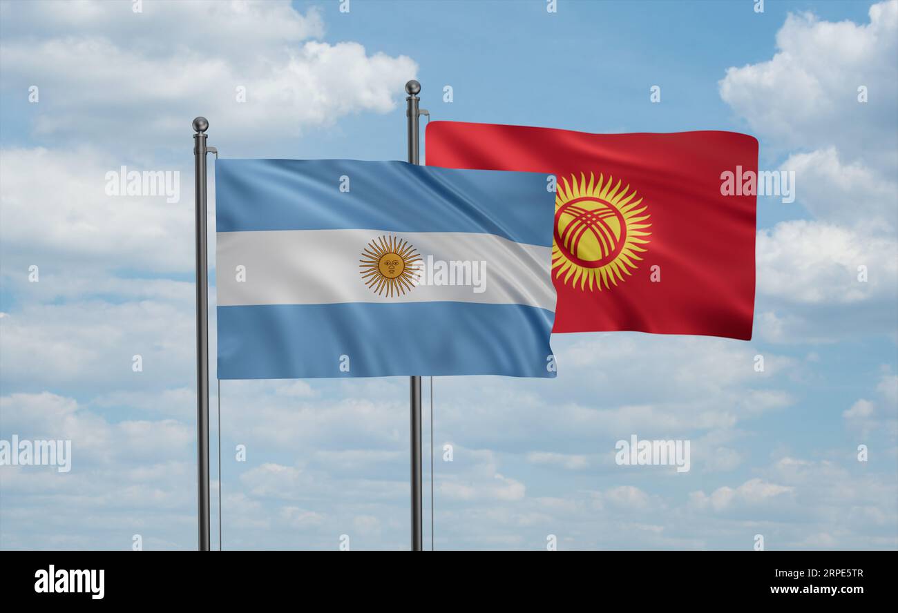 Kyrgyzstan flag and Argentina flag waving together on blue sky, two ...