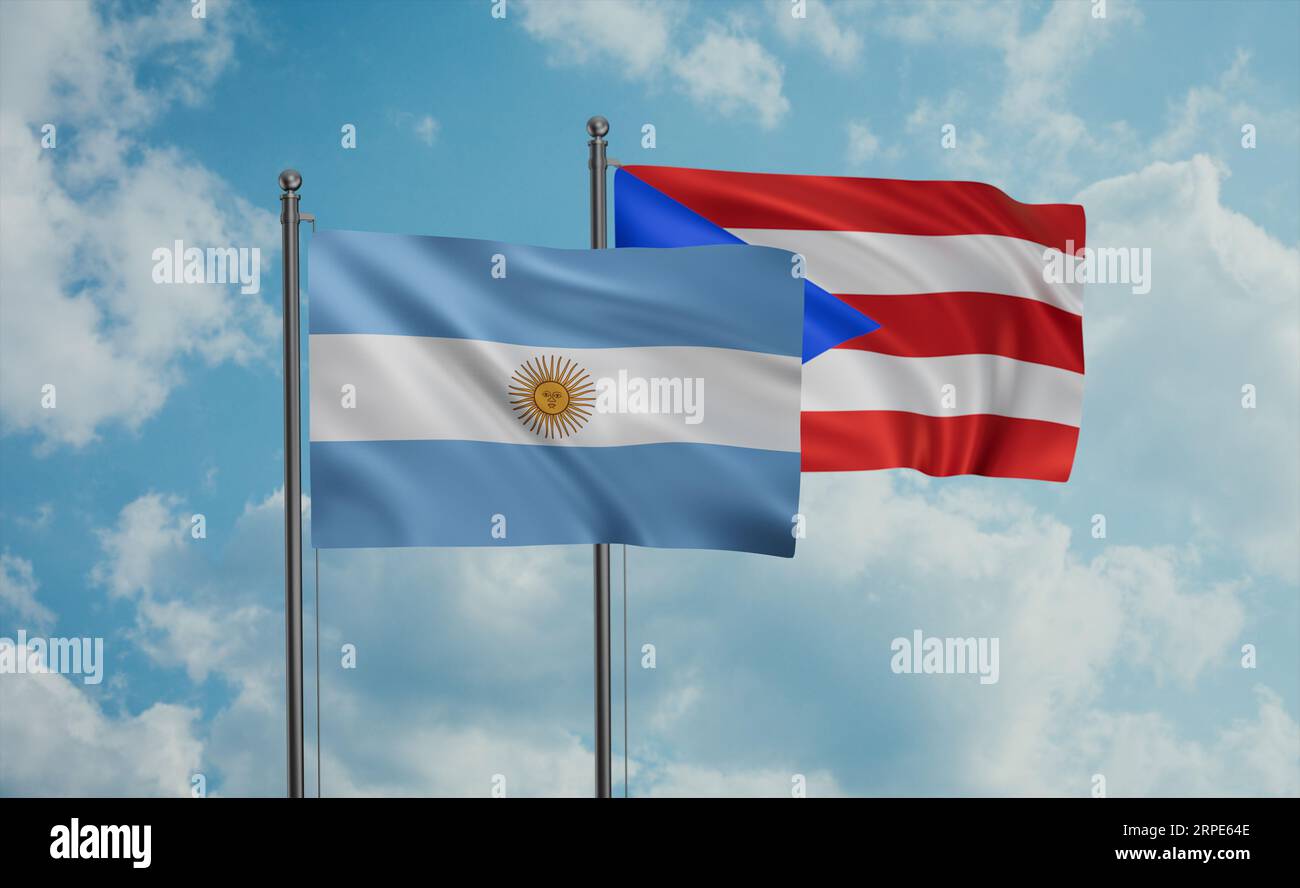 Puerto Rico and Argentina flag waving together in the wind on blue sky ...