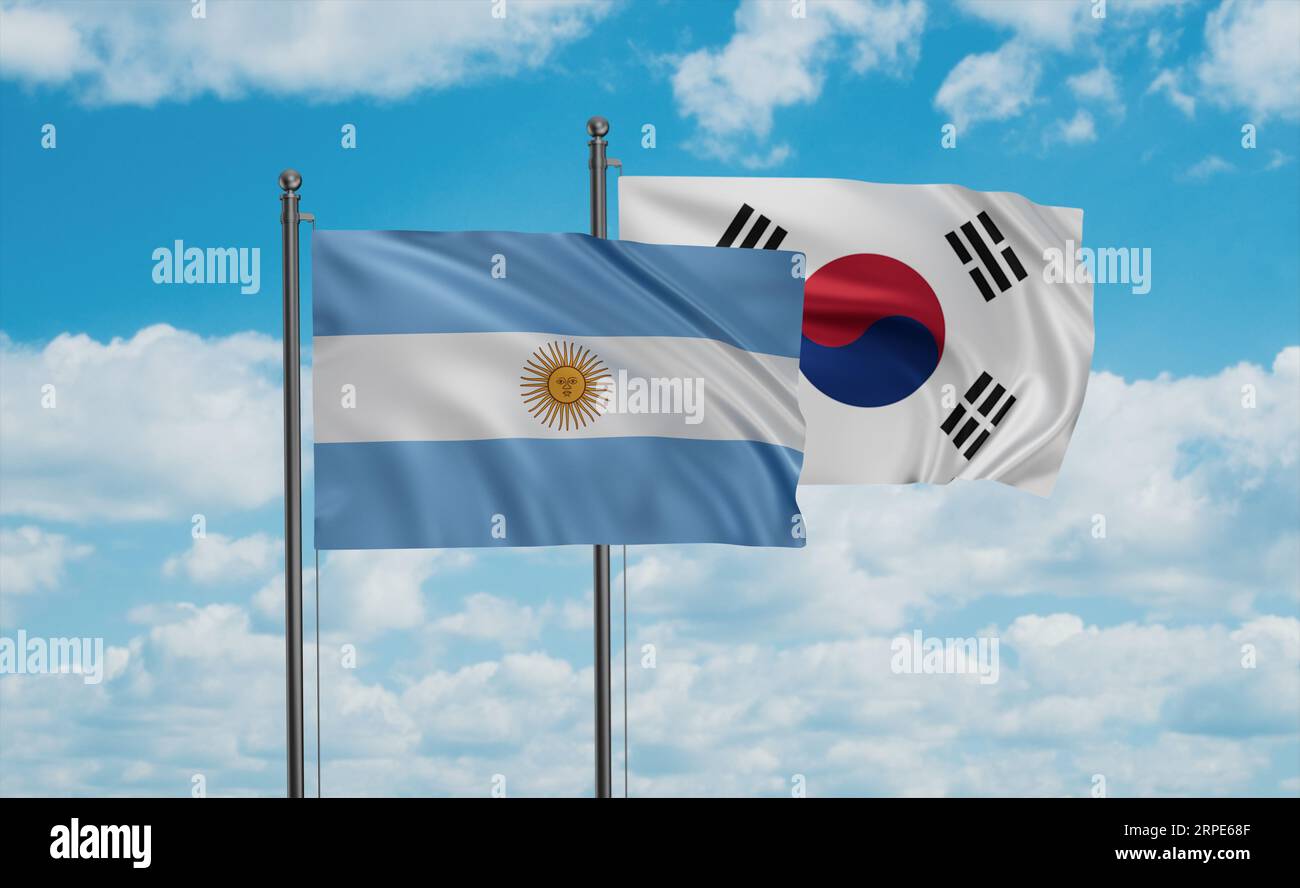 South Korea or Republic of Korea or ROK and Argentina flag waving ...