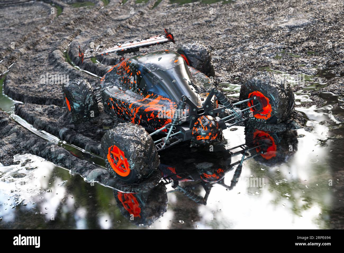 Dirty, orange RC-Car got stuck in the mud on a wet forest mire path ...