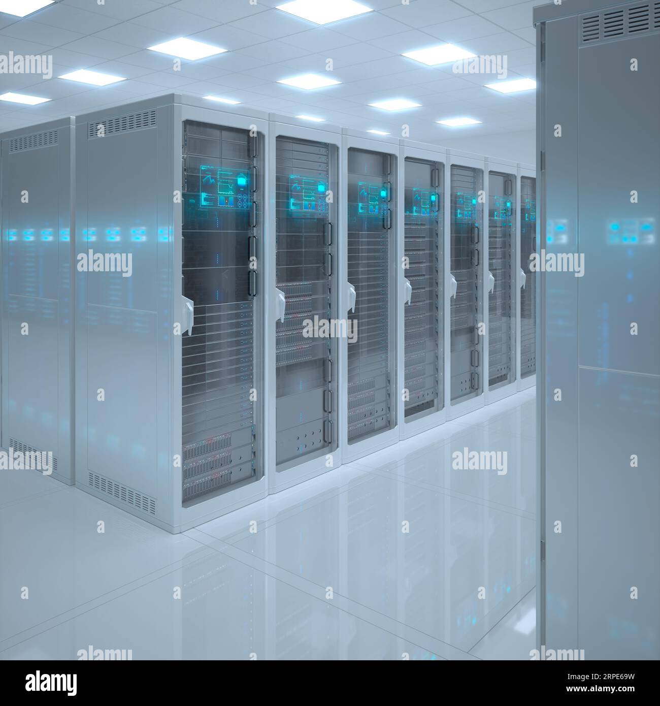Bright, clean server cabinets with blinking lights standing in a ...