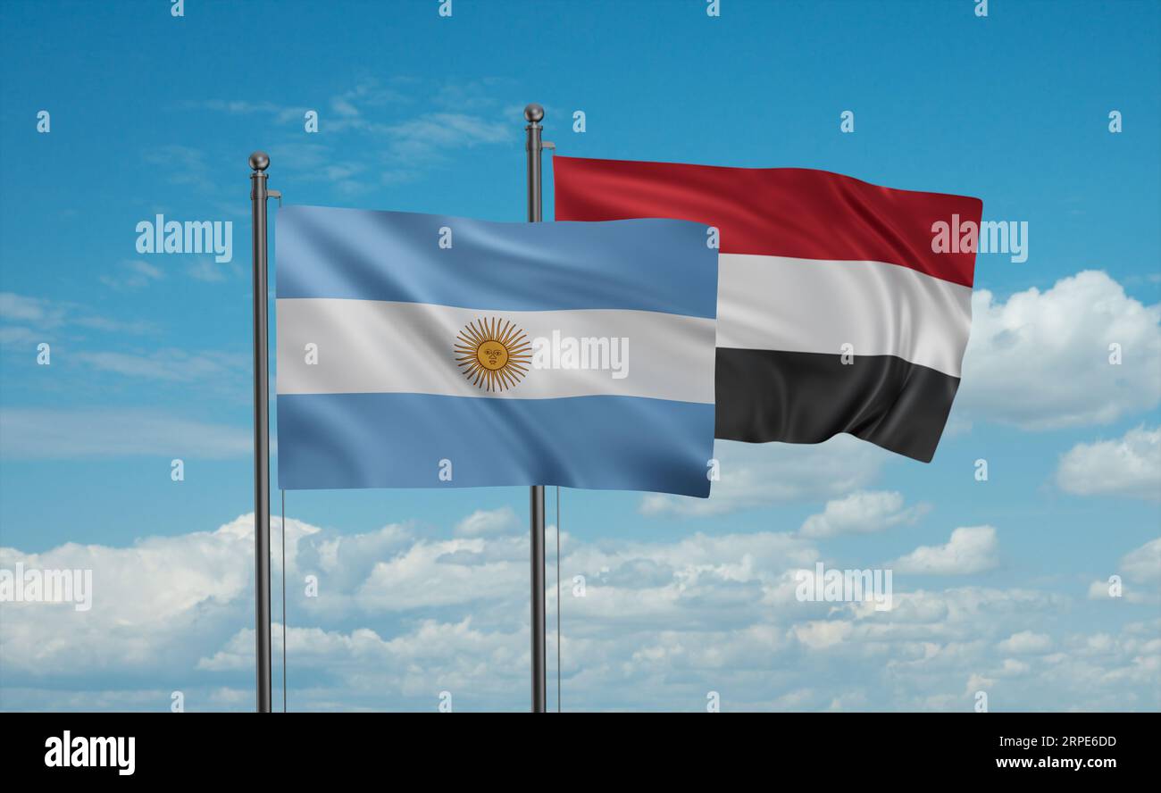 Yemen and Argentina flag waving together in the wind on blue sky, two ...