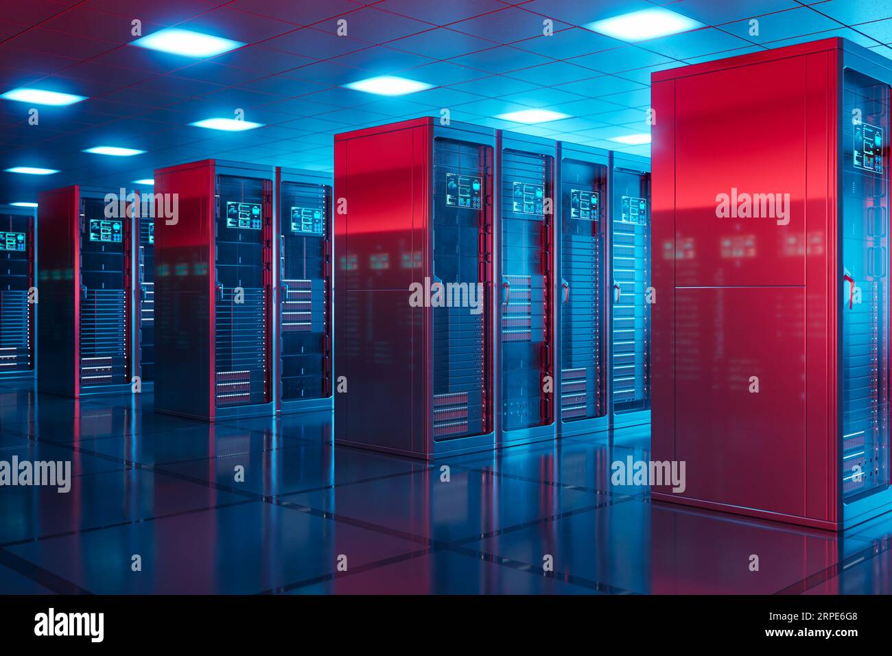 Countless modern server cabinets in a render farm. Red light error ...