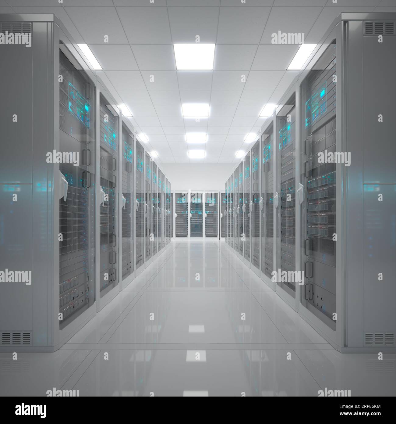 Bright, clean server cabinets with blinking lights standing in a ...