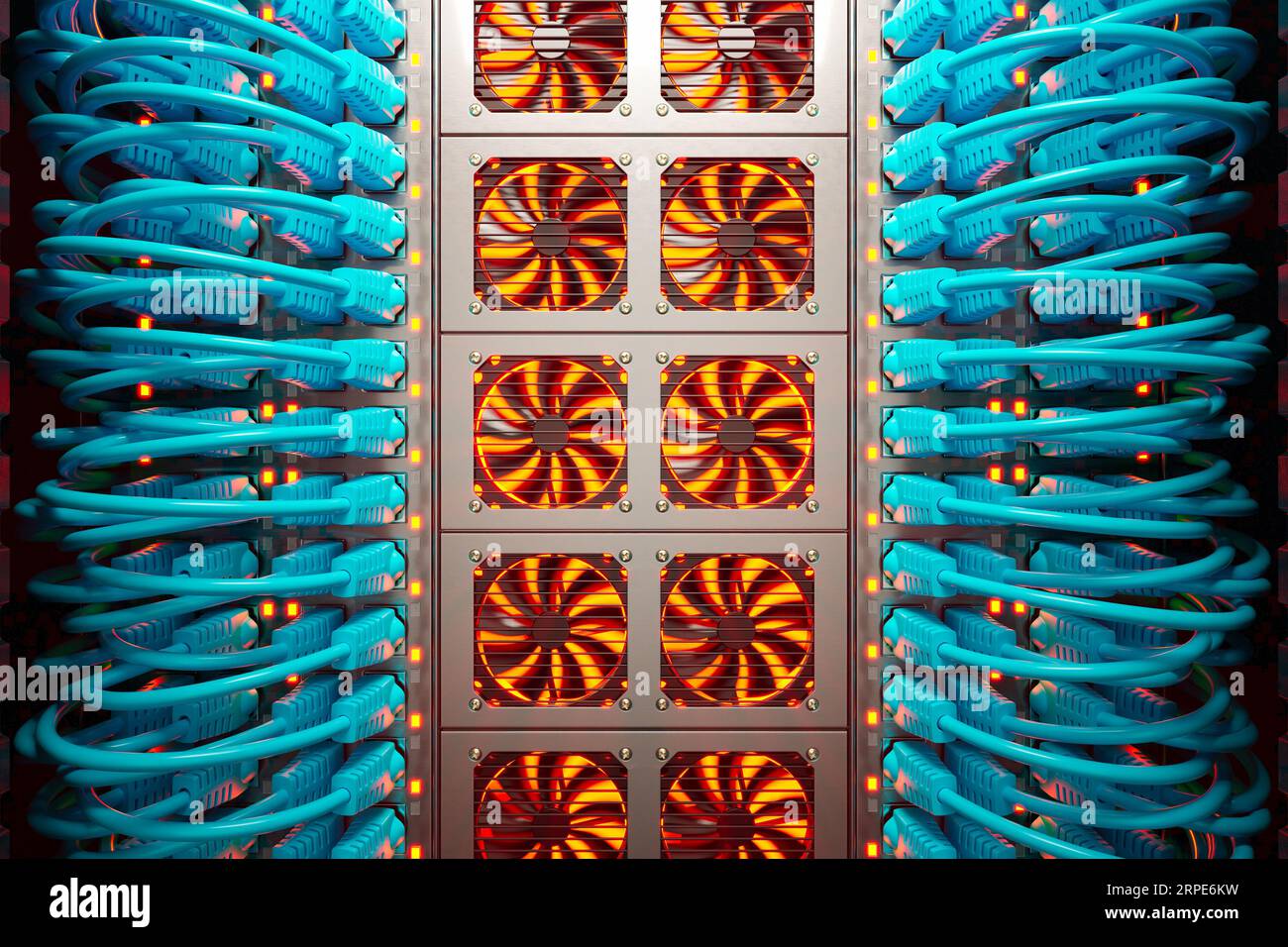 Colourful blue cables in a server cabinet lit by a single spotlight ...