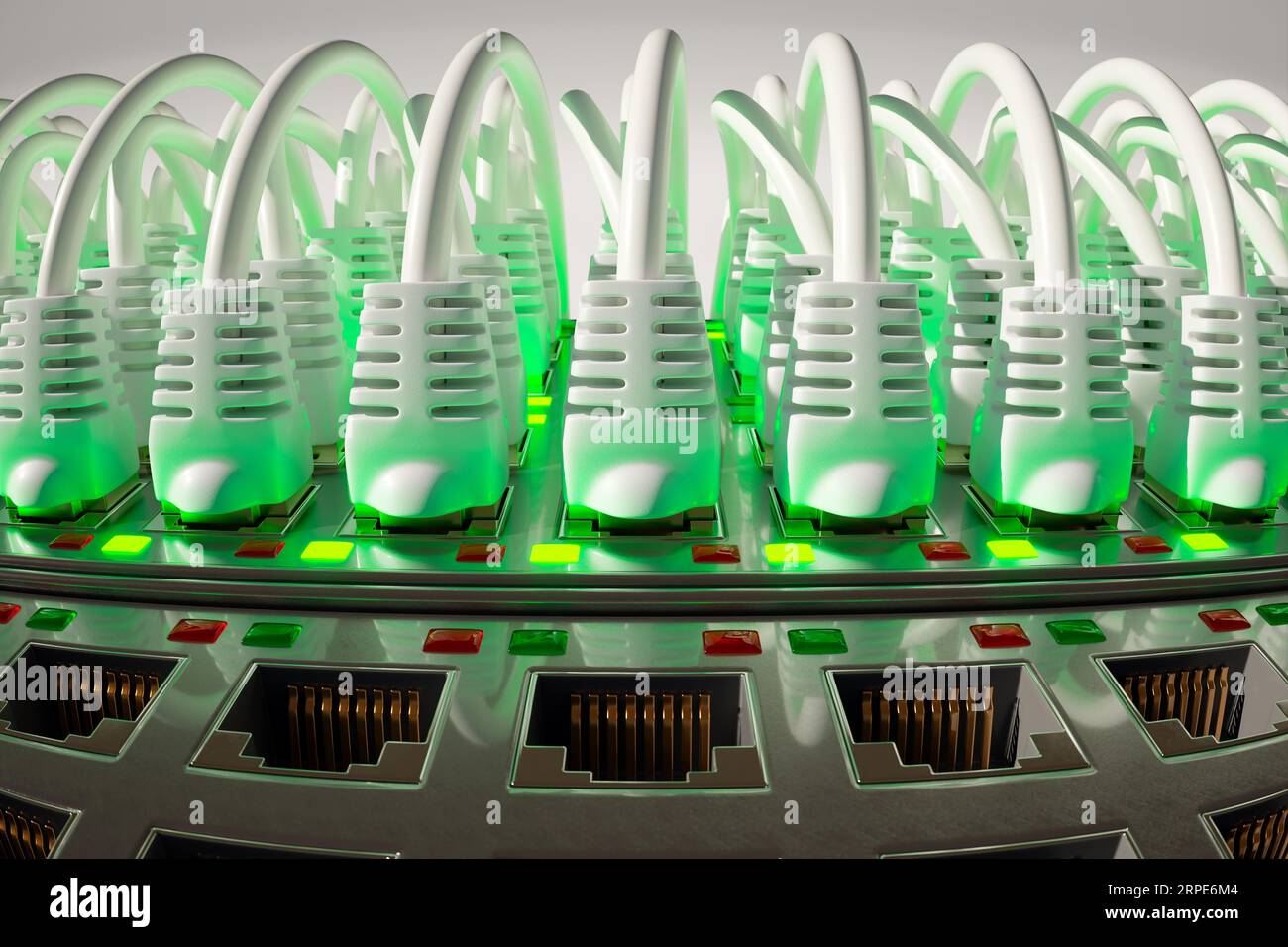 Many white ethernet cables in a server router cabinet in a spotlight ...