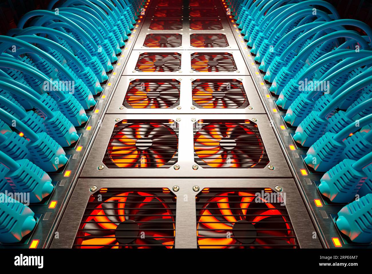 Colourful blue cables in a server cabinet lit by a single spotlight ...