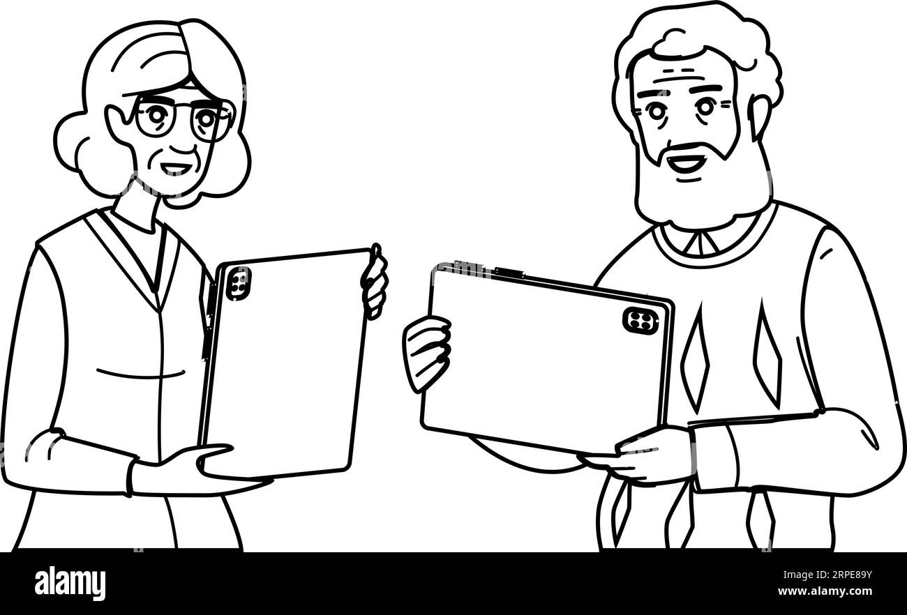 Happy older couple using computer tablet together at home hi-res stock ...