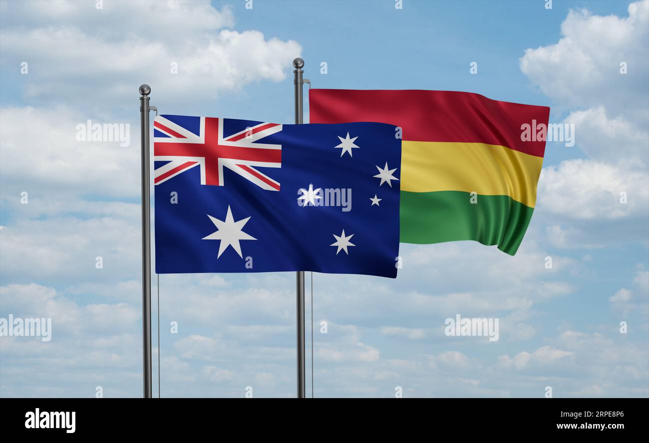 Bolivia flag and Australia flag waving together on blue sky, two ...