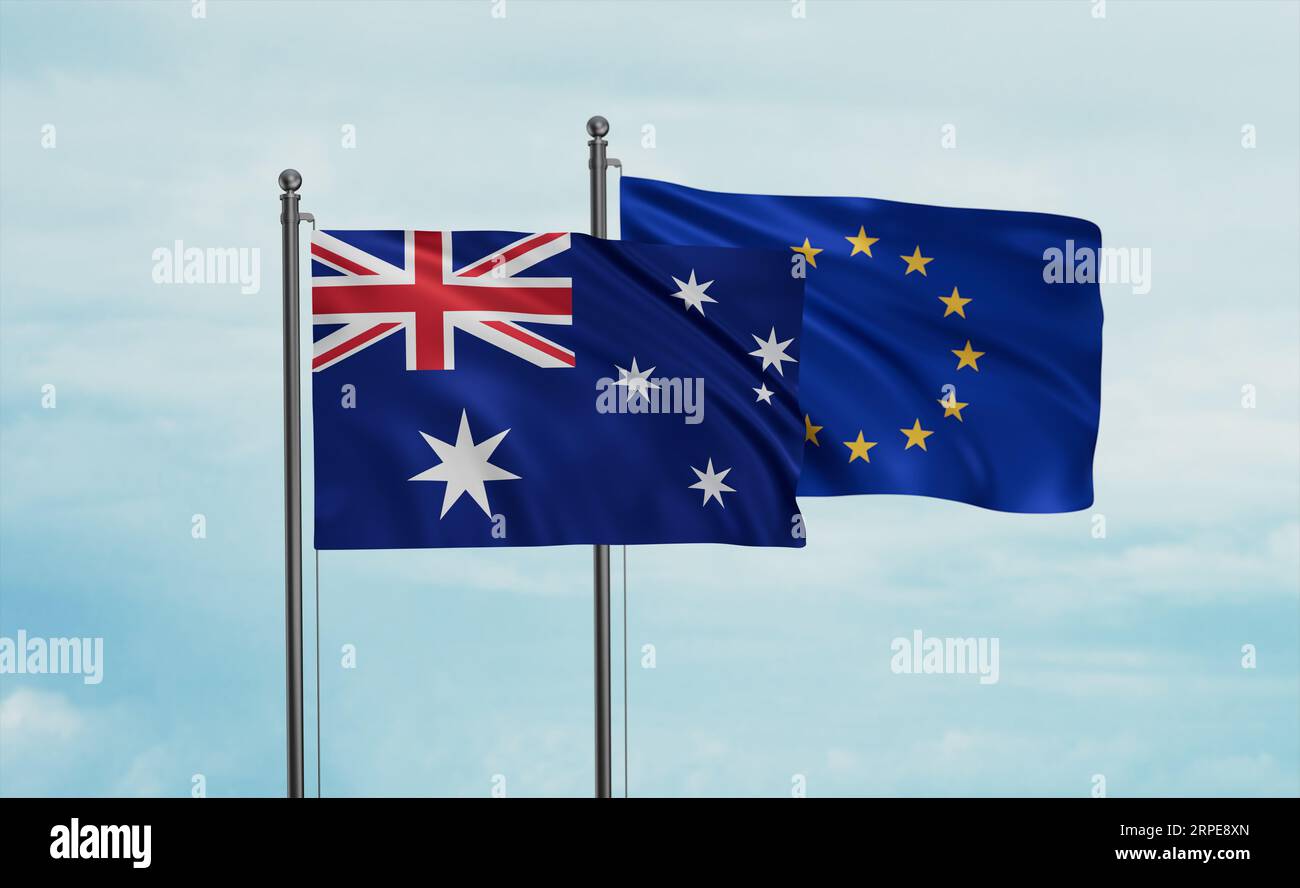 European Union and Australia flag waving together in the wind on blue ...