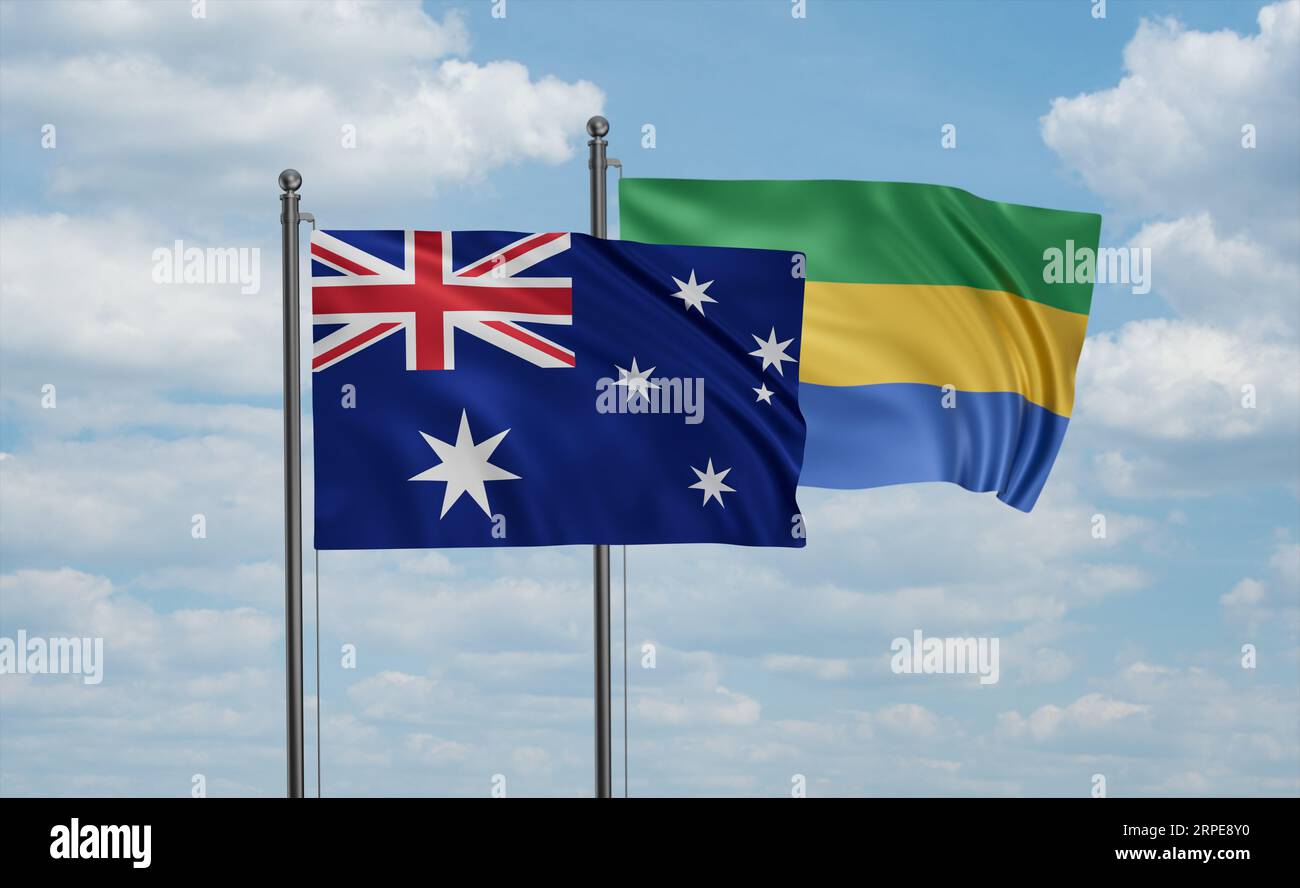 Gabon flag and Australia flag waving together on blue sky, two country ...