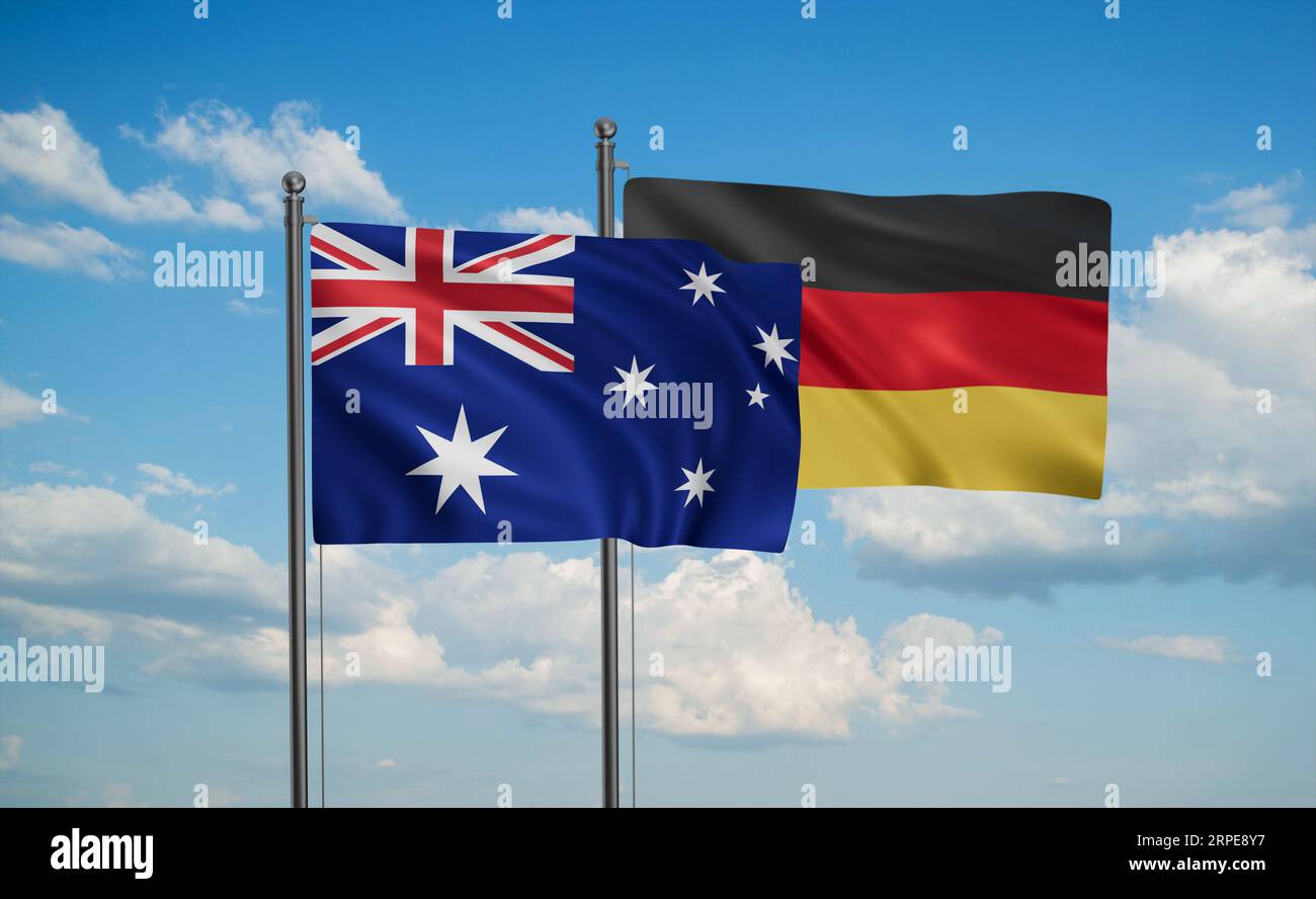 Germany flag and Australia flag waving together on blue sky, two ...
