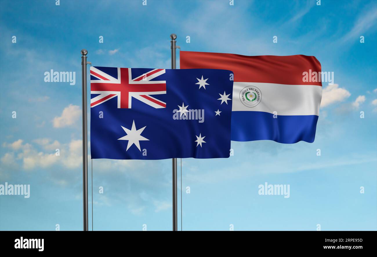 Paraguay flag and Australia flag waving together on blue sky, two ...