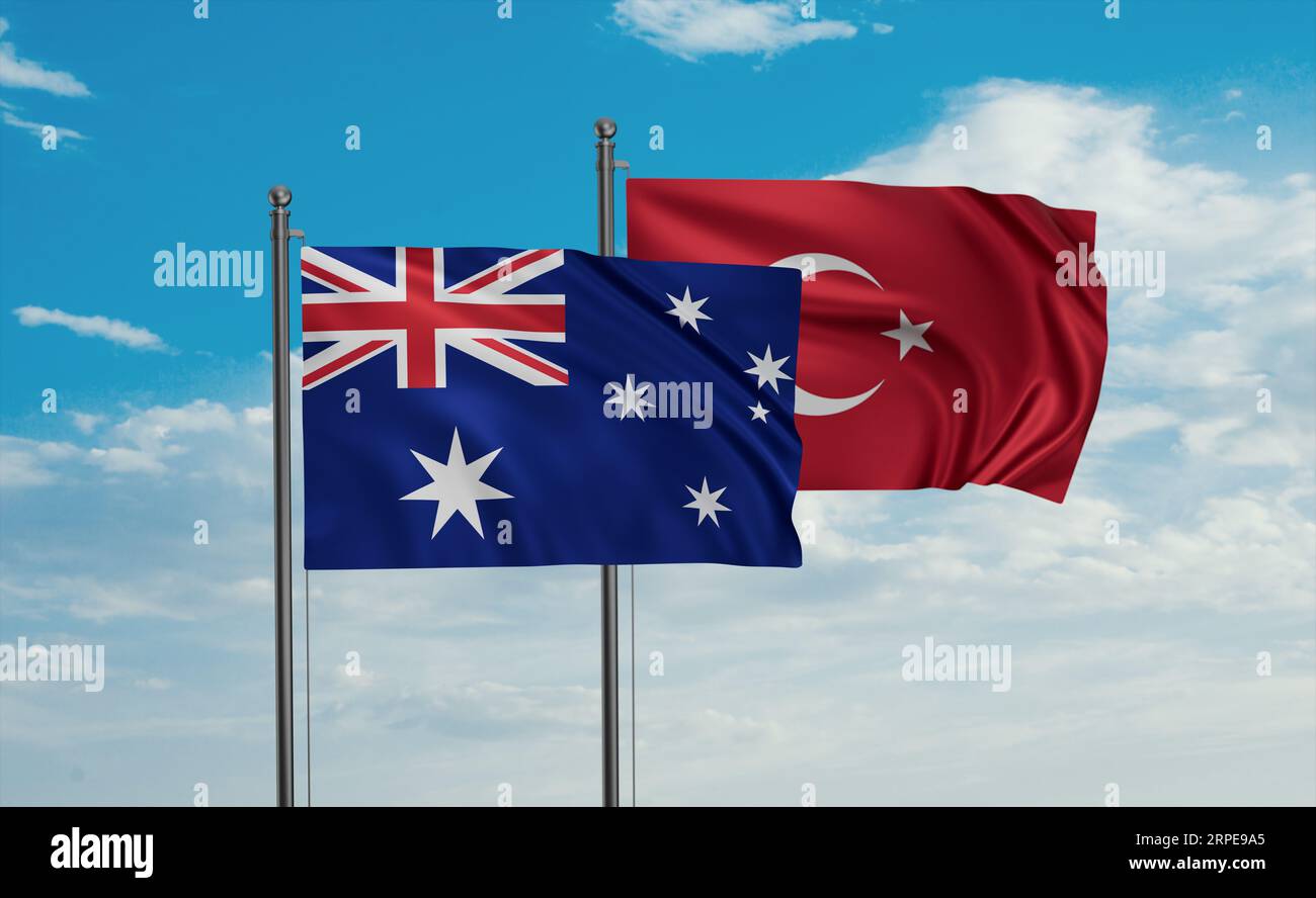 Republic of Turkey and Australia flag waving together in the wind on ...