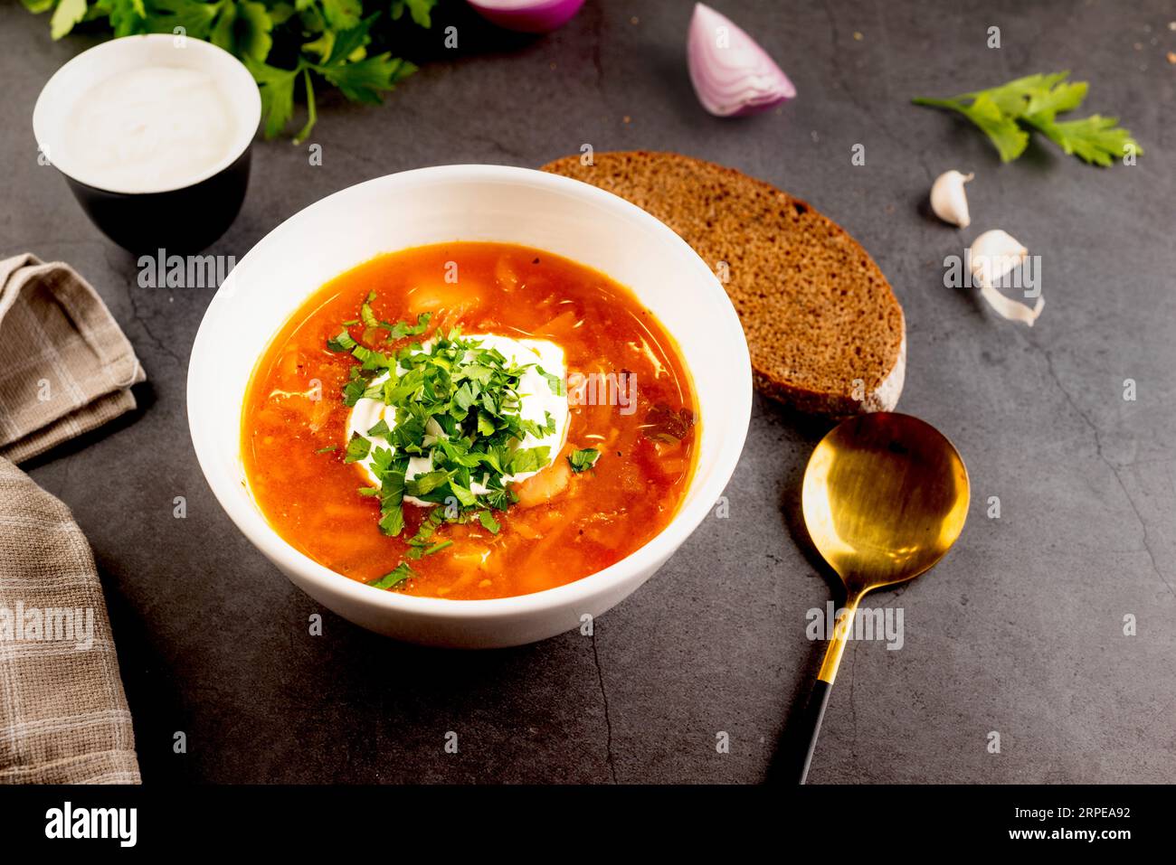 Traditional Ukrain food cuisine. Bowl of beet borsch soup with sour ...