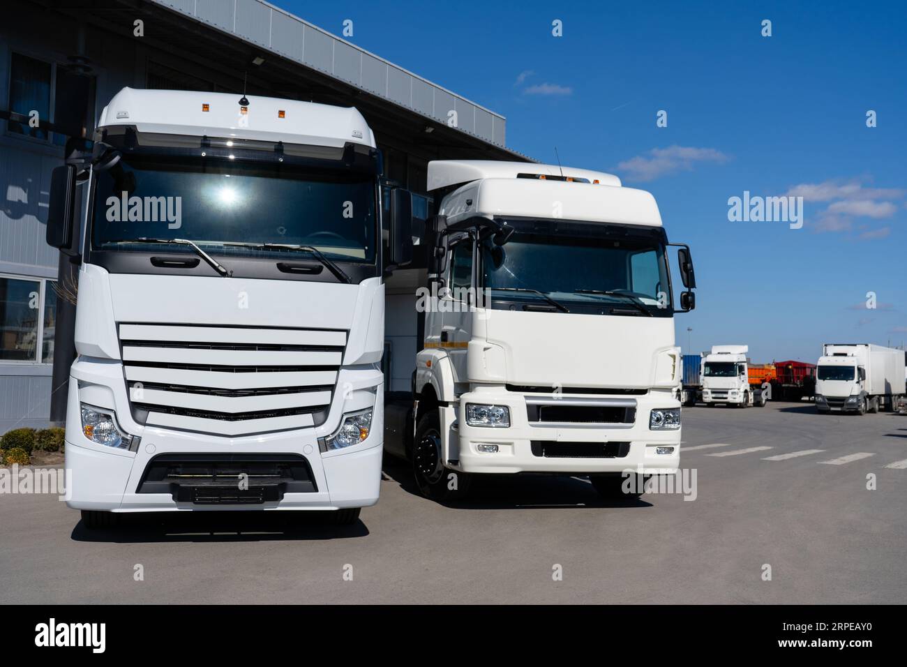 Semi truck fleet at the logistics center Stock Photo - Alamy