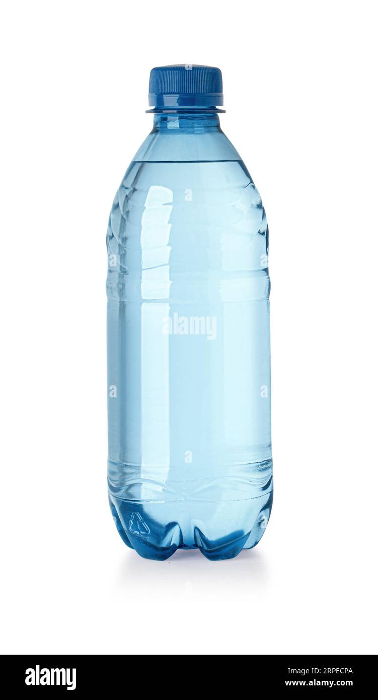 blue small plastic water bottle isolated on white background with ...