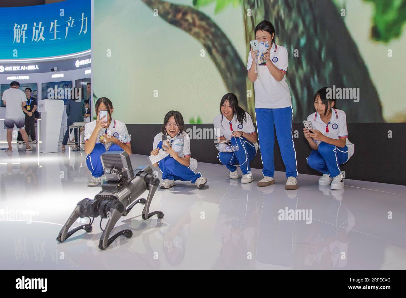 Chongqing. 4th Sep, 2023. Visitors interact with a robot at the booth ...