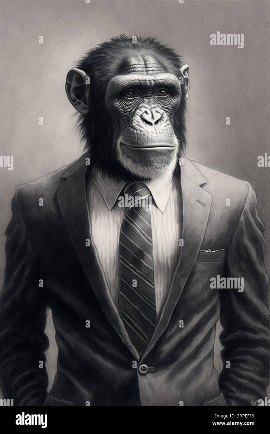 A young adult male monkey dressed in a formal black suit and tie ...