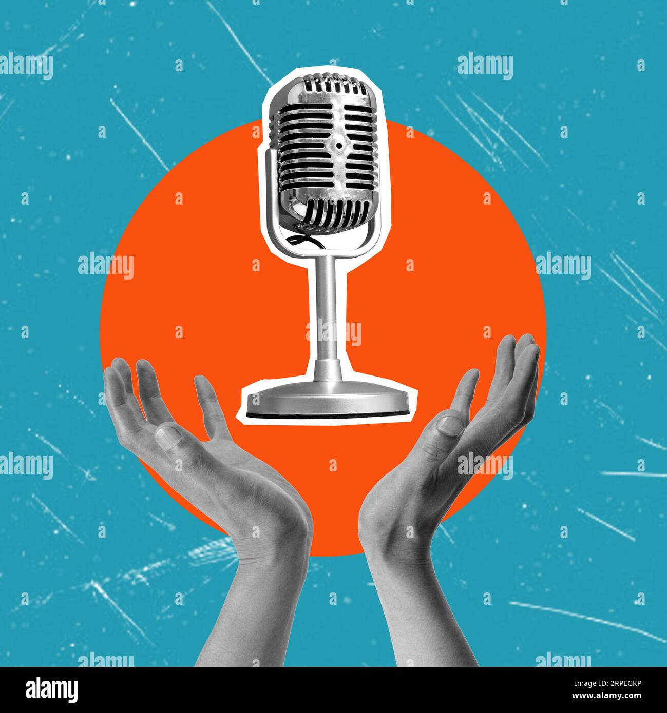 Artistic Collage: Hand with Microphone on an Orange Background. Concept ...