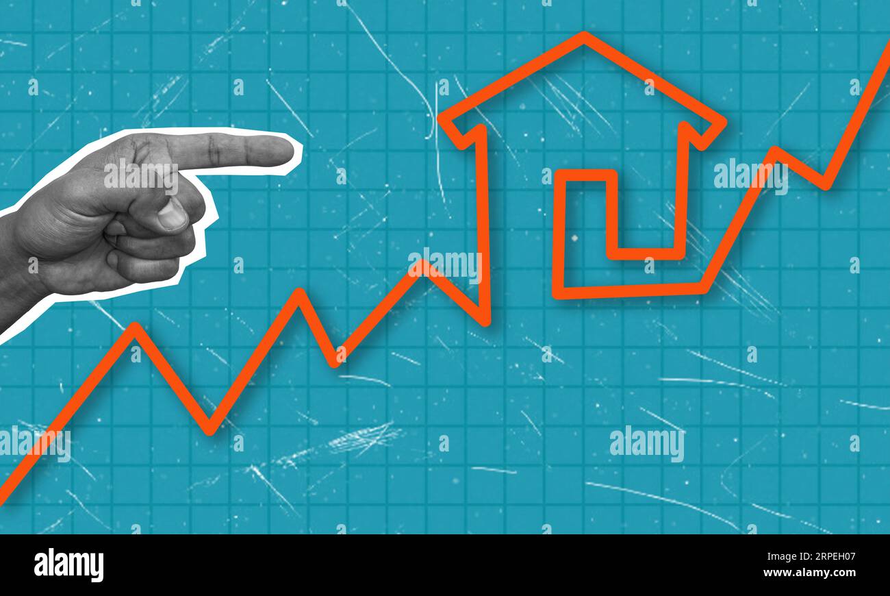 House with hands, retro style. Contemporary art collage, modern design ...