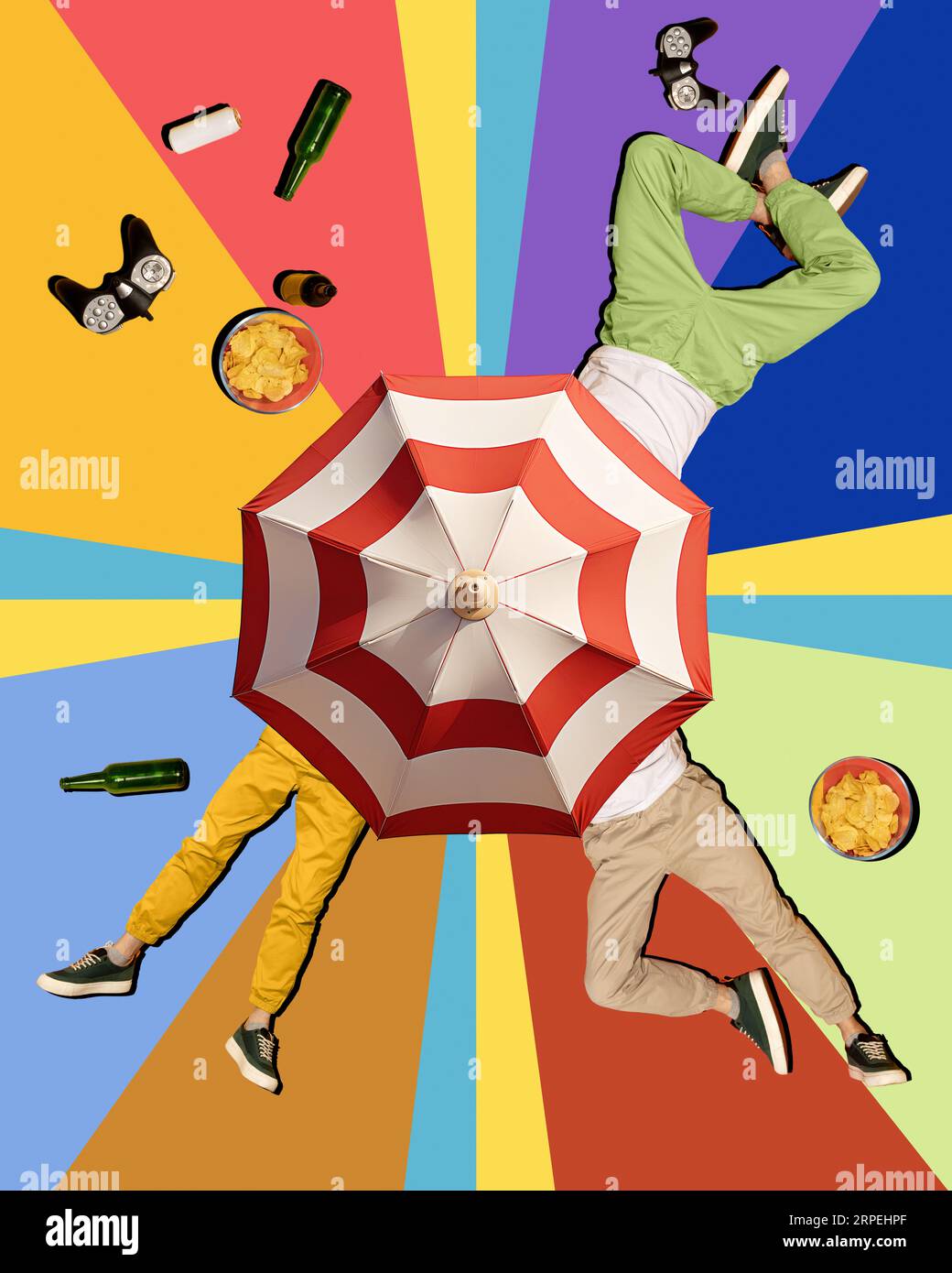 Leisure activities and fun. Male legs under umbrella on colorful ...