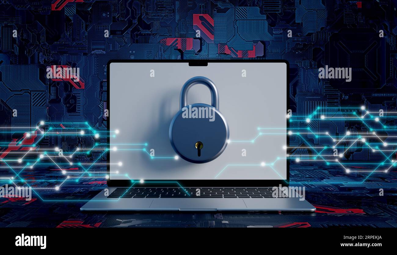 Network and computer Cyber security concepts, laptop with electronic ...